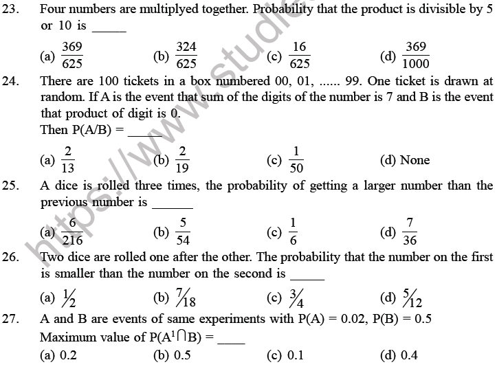 JEE Mathematics Probability MCQs Set A with Answers JEE Mathematics Probability MCQs Set A with Answers